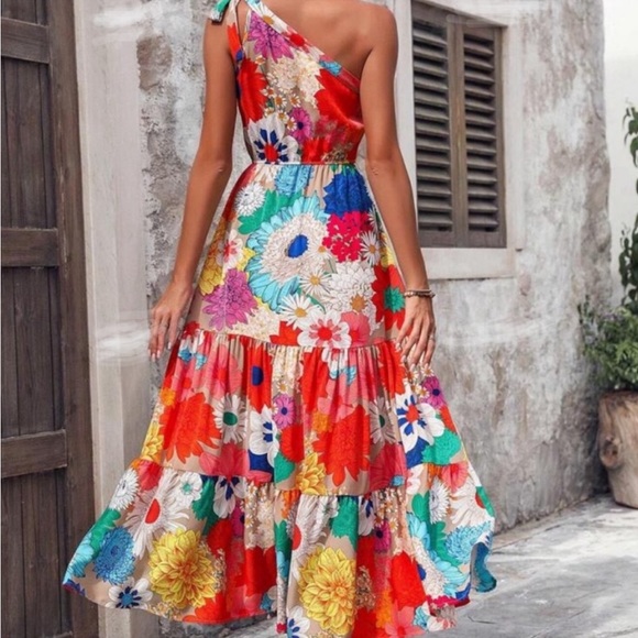 Dresses | Boho Water Color Abstract Print One Off Shoulder Tie Maxi ...